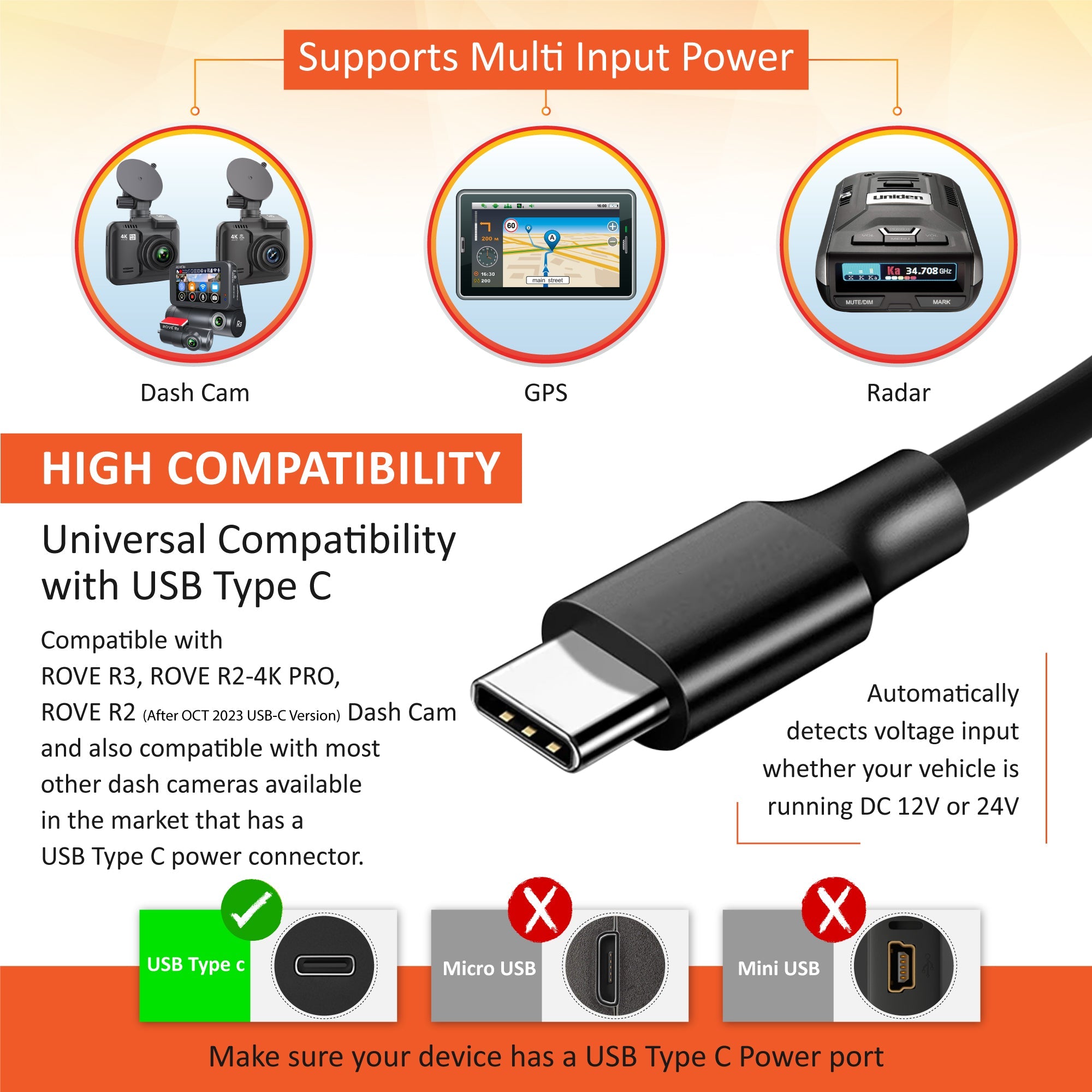 Dash Cam Hardwire Kit USB Type C Port for Rove R2 R2 PRO R2 Dual and R3 Dash Cam Models Check Compatibility Image Before Purchasing