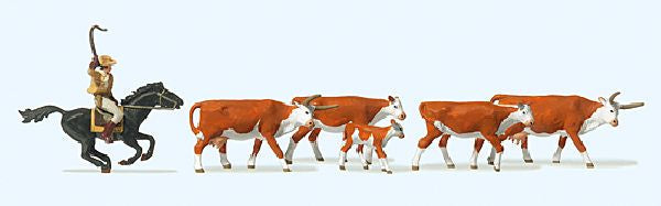 Preiser 10159 HO Scale Riding Cowboy and 5 Longhorn Cattle – East Car Audio