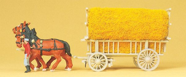 Preiser 30477 HO Scale Horse-Drawn Wagon -- Hay Wagon w/Driver & Load ...